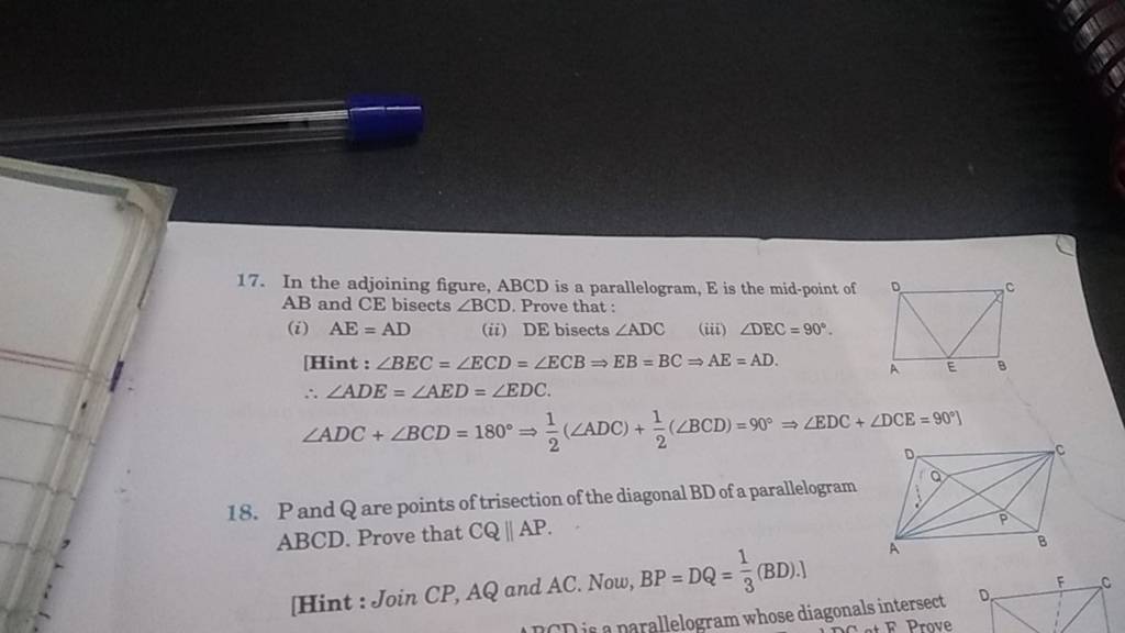 17. In the adjoining figure, ABCD is a parallelogram, E is the mid-point