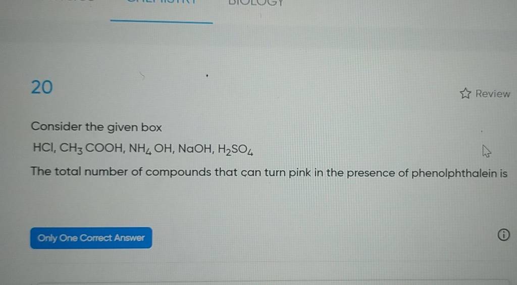 20 Review Consider the given box HCl,CH3 COOH,NH4 OH,NaOH,H2 SO4 The tot..