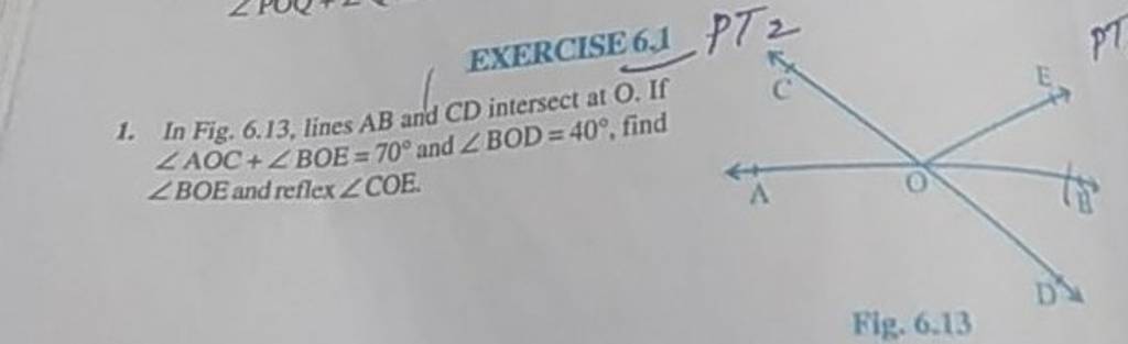 1. In Fig. 6.13, lines AB and CD intersect at O. If ∠AOC+∠BOE=70∘ and ∠BO..