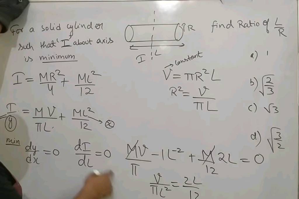 For a solid cylinder such that I about axis is minimum I= MR² y T min + M..