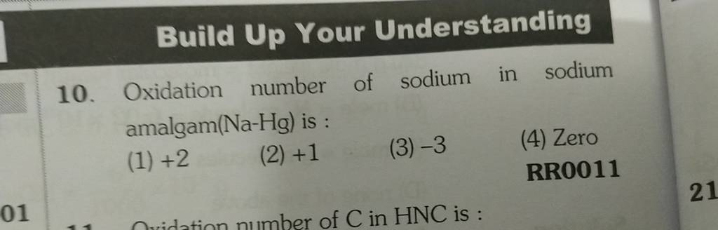Build Up Your Understanding 10. Oxidation number of sodium in sodium amal..