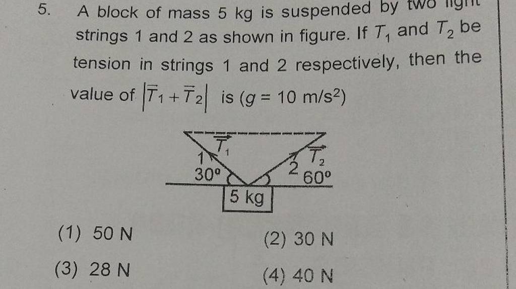 A block of mass 5 kg is suspended by strings 1 and 2 as shown in figure.