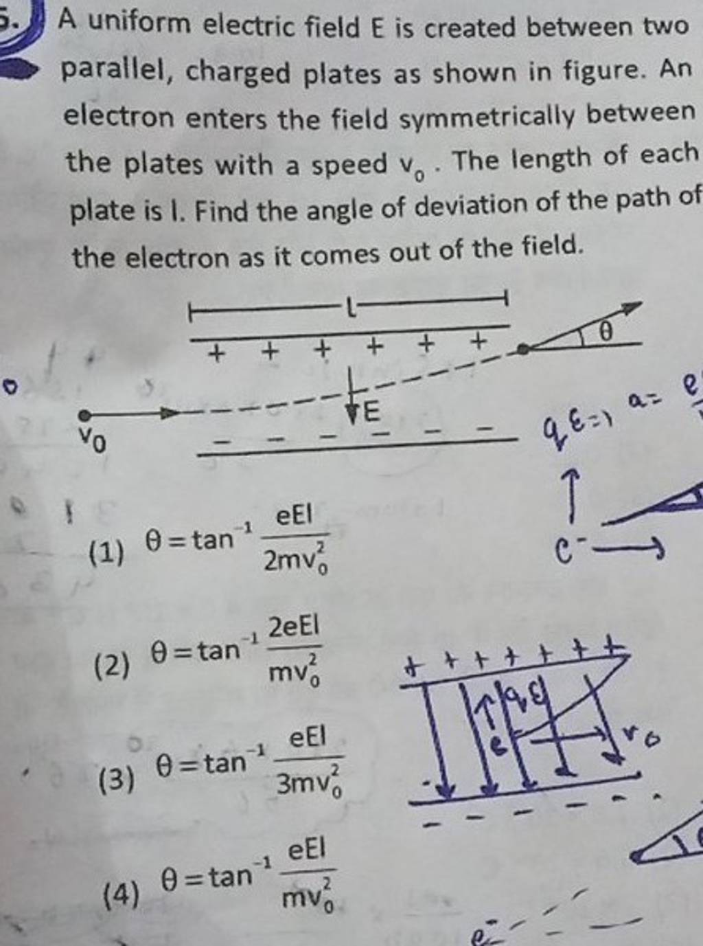 A uniform electric field E is created between two parallel, charged plate..