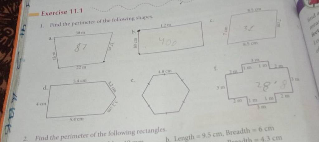 Exercise 11.1 1. Find the perimeter of the following shapes. e. 2. Find t..