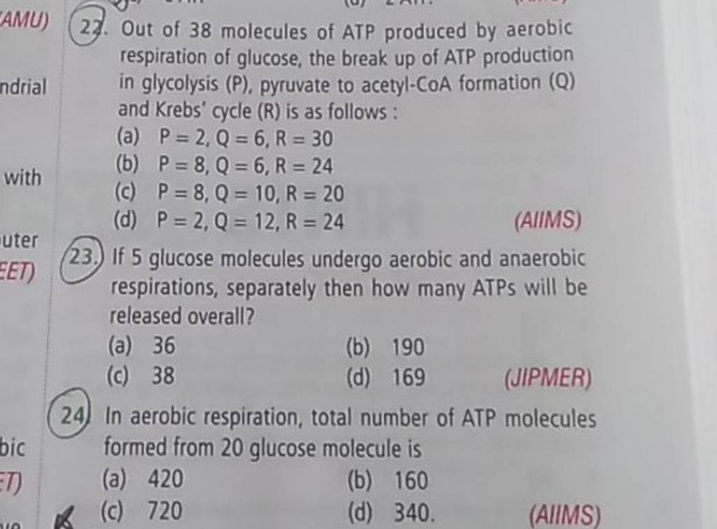 Out of 38 molecules of ATP produced by aerobic respiration of glucose, th..