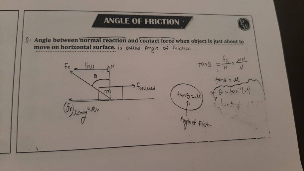 ANGLE OF FRICTION θ - Angle between normal reaction and contact force whe..