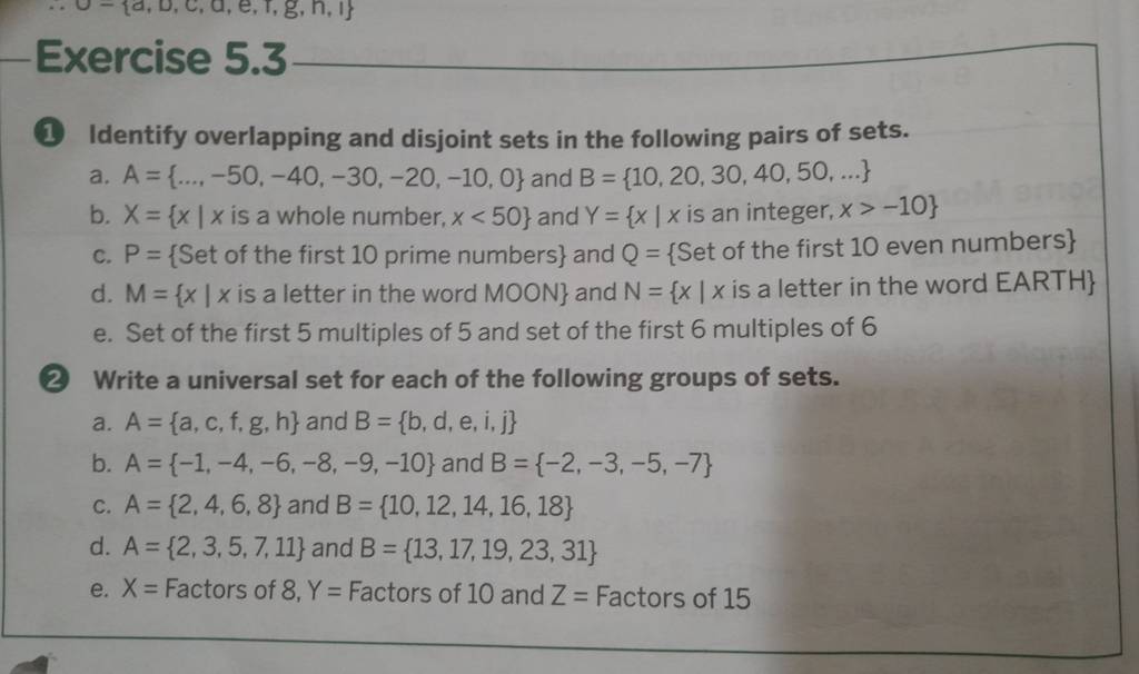 Exercise 5.3 (1) Identify overlapping and disjoint sets in the following Exercise 5.3 (1) Identify overlapping and disjoint sets in the following
