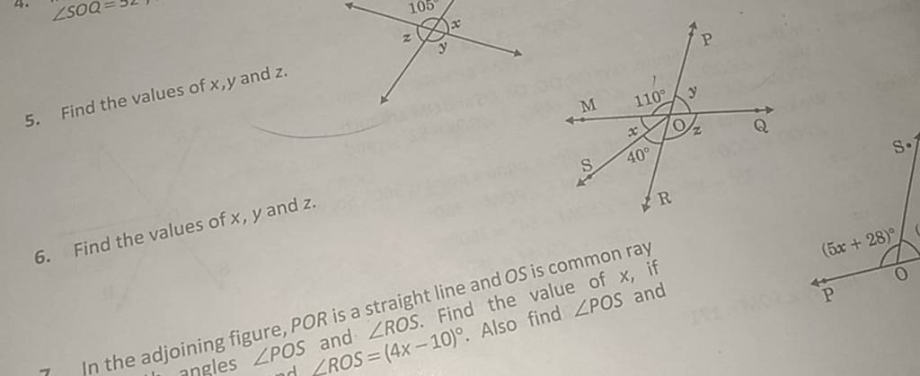 5. Find the values of x,y and z. 7 In the adjoining figure, POR is a stra..