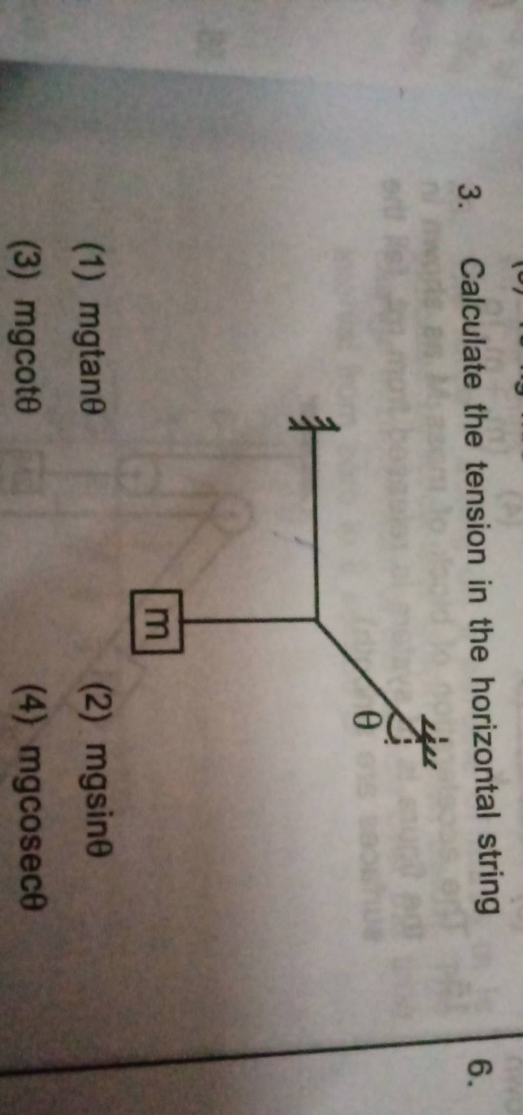 3. Calculate the tension in the horizontal string (1) mgtanθ (2) mgsinθ