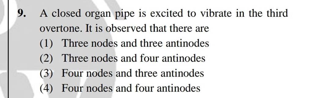 A closed organ pipe is excited to vibrate in the third overtone. It is ob..