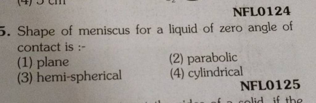 NFLO124 5. Shape of meniscus for a liquid of zero angle of contact is