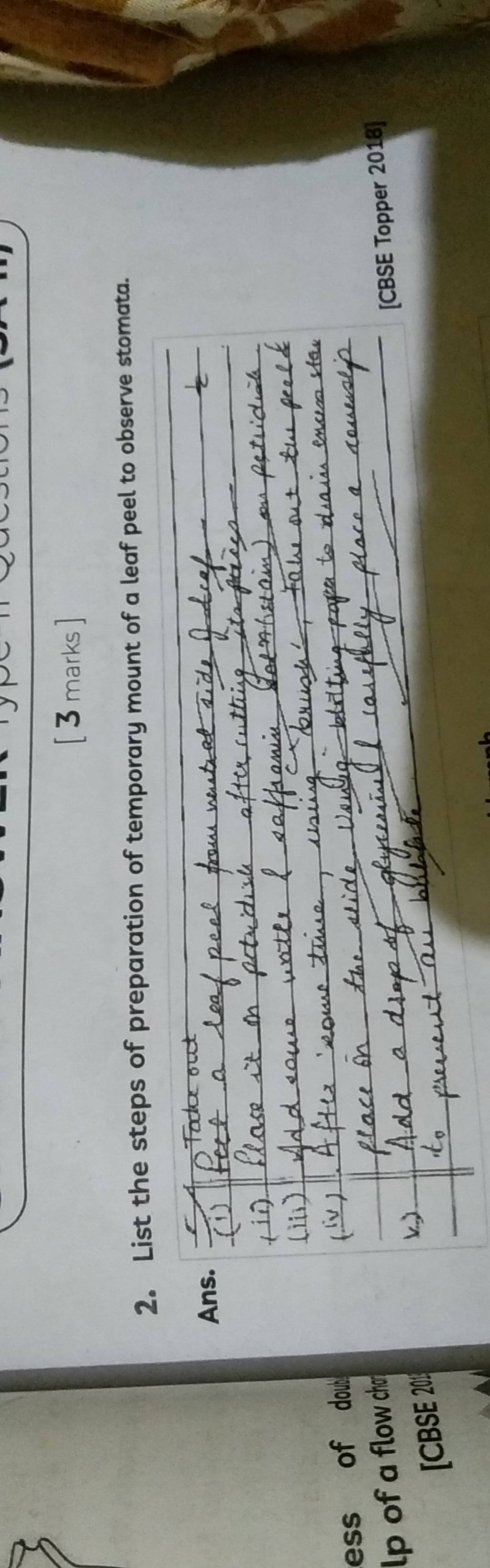 [3 marks] 2. List the steps of preparation of temporary mount of a leaf p..