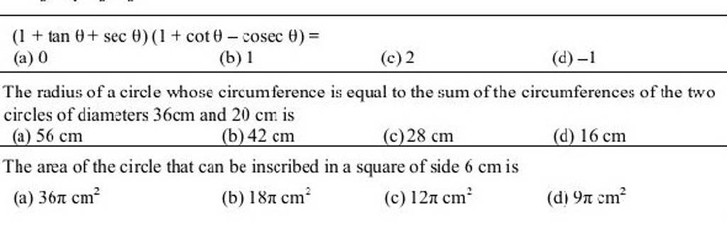 The radius of a circle whose circumference is equal to the sum of the cir..