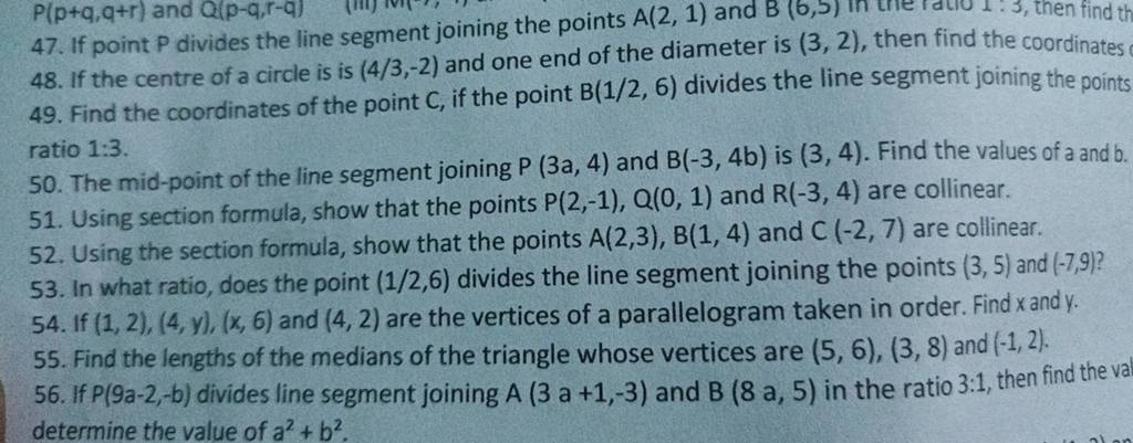 47. If point P divides the line segment joining the points A(2,1) and B(6..