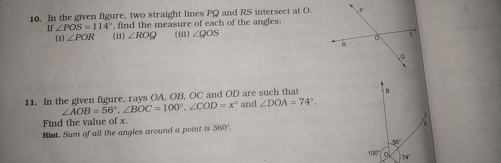 10. In the given figure, two straight lines PQ and RS intersect at O. If