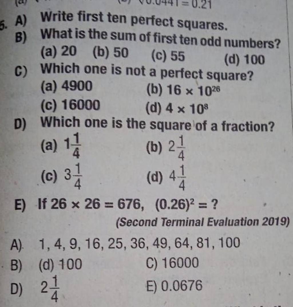 A) Write first ten perfect squares. B) What is the sum of first ten odd n..