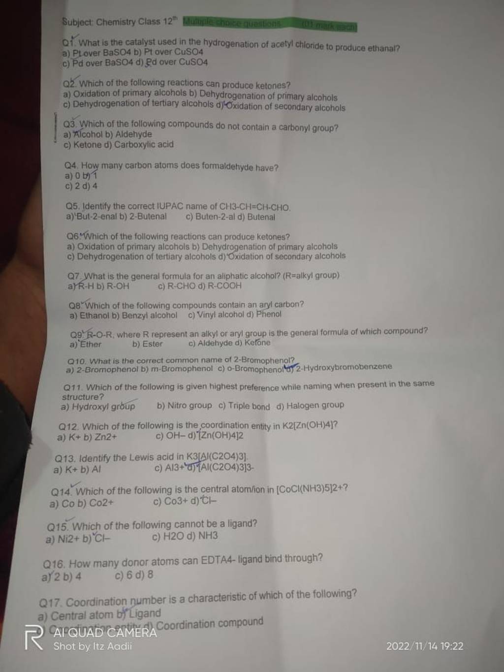 Q7. What is the general formula for an aliphatic alcohol? (R=alkyl group)..