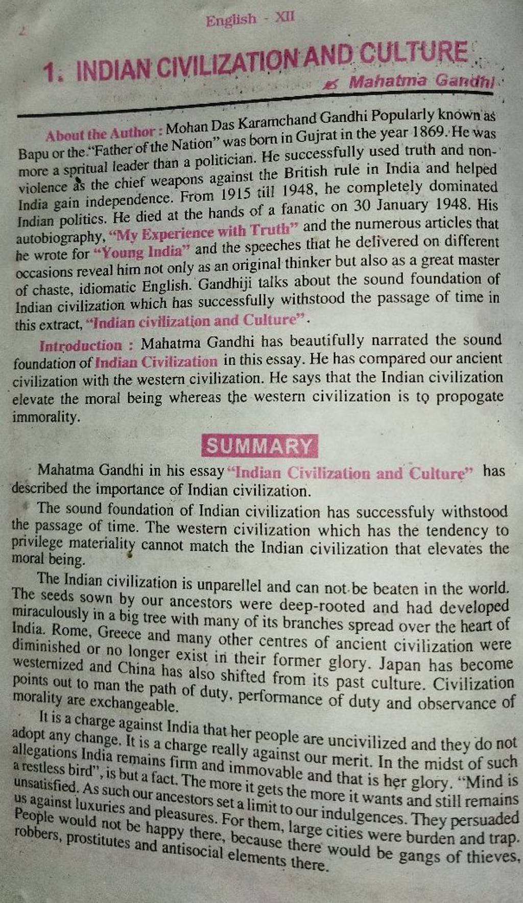 1. INDIAN CIVILIZATIONAND CULTURE bs Mahatma Gandhj. About the Author : M..