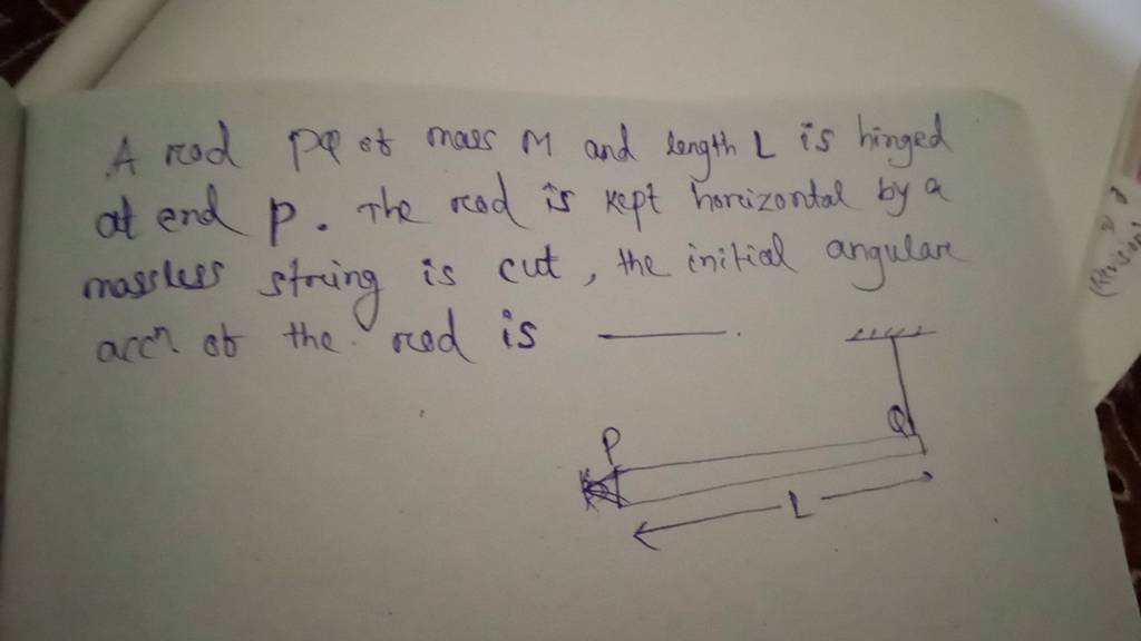 A rod PQ of mas M and length L is hinged at end P. The reod is kept horiz..