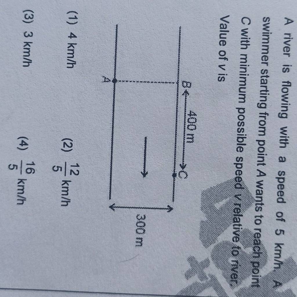 A river is flowing with a speed of 5 km/h. swimmer starting from point A