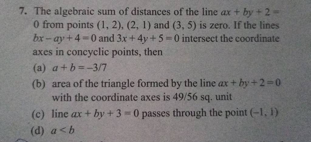 The algebraic sum of distances of the line ax+by+2= 0 from points (1,2),(..
