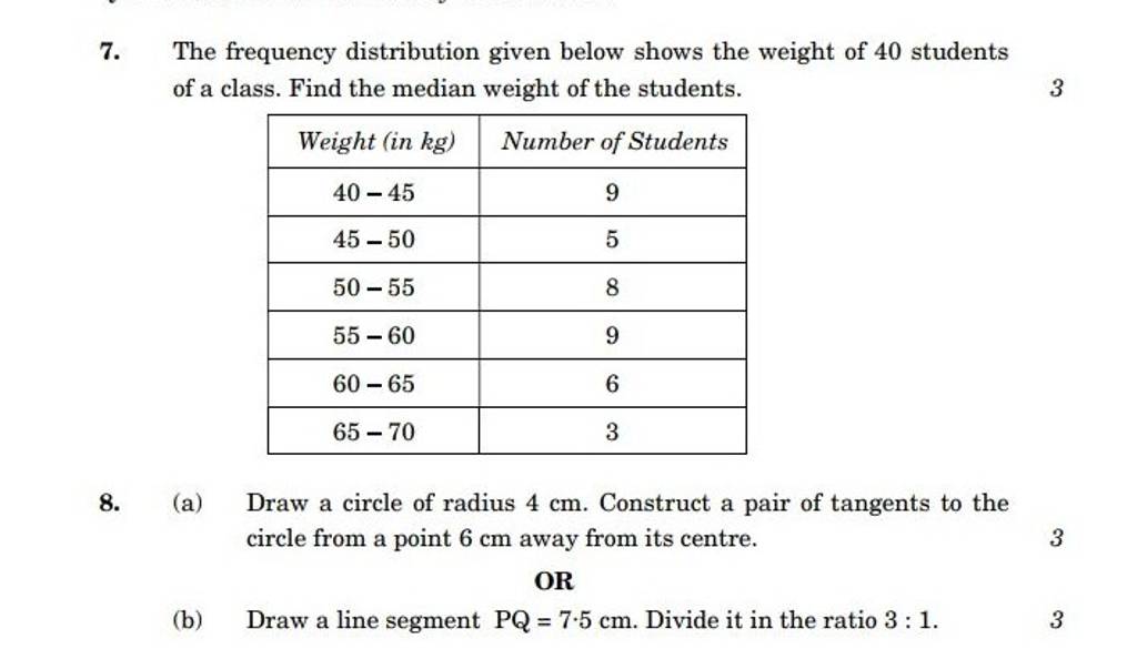 7. The frequency distribution given below shows the weight of 40 students..