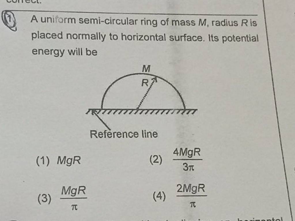 A uniform semi-circular ring of mass M, radius R is placed normally to ho..