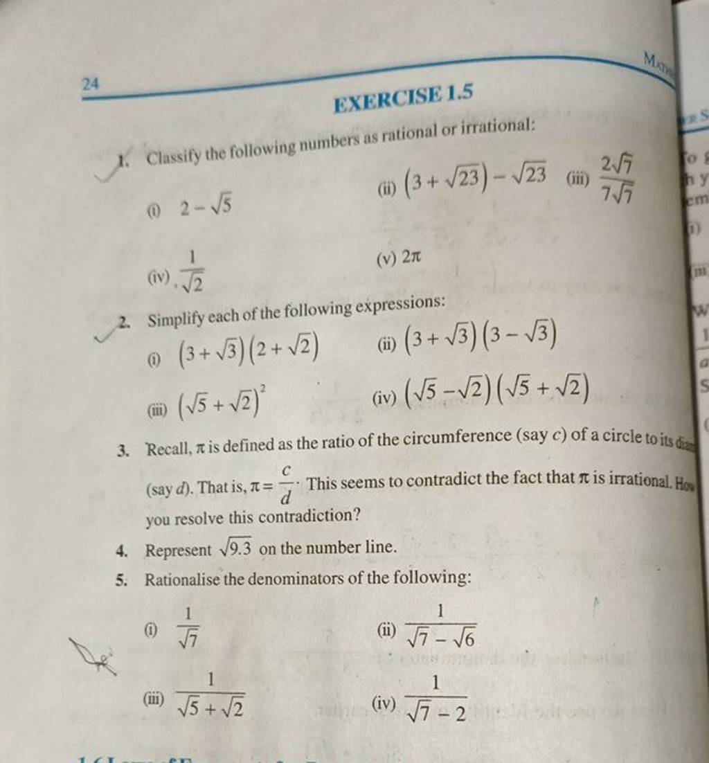 24 EXERCISE 1.5 1. Classify the following numbers as rational or irration.. 24 EXERCISE 1.5 1. Classify the following numbers as rational or irration..