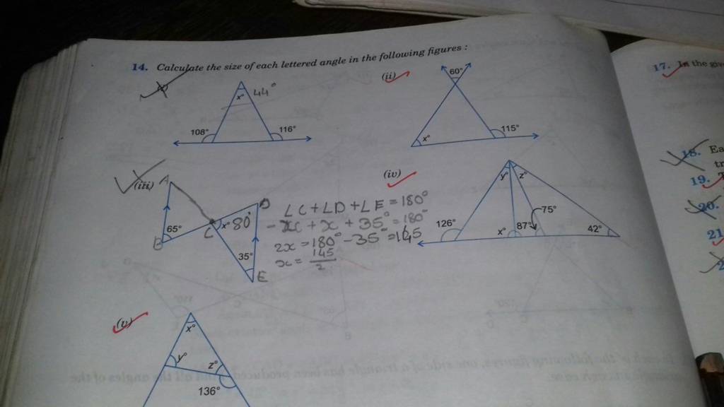 14. Calculate the size of each lettered angle in the following figures