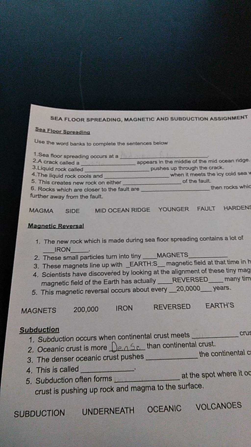 SEA FLOOR SPREADING, MAGNETIC AND SUBDUCTION ASSIGNMENT Seat Fleor Spread..