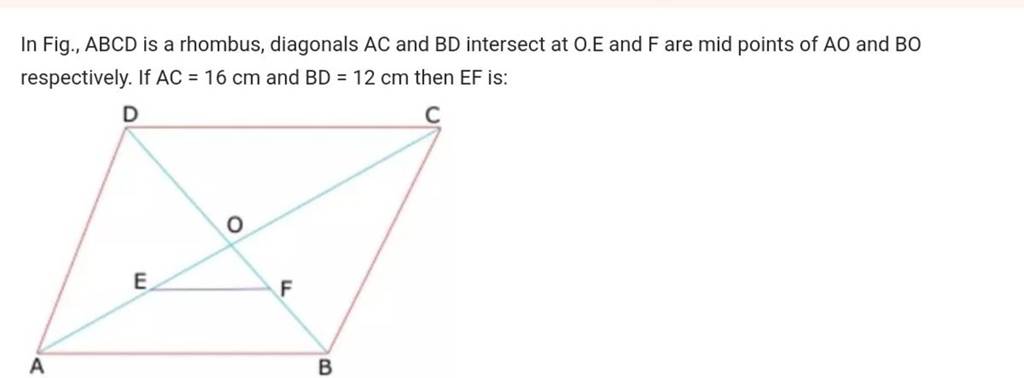 In Fig., ABCD is a rhombus, diagonals AC and BD intersect at O.E and F ar..