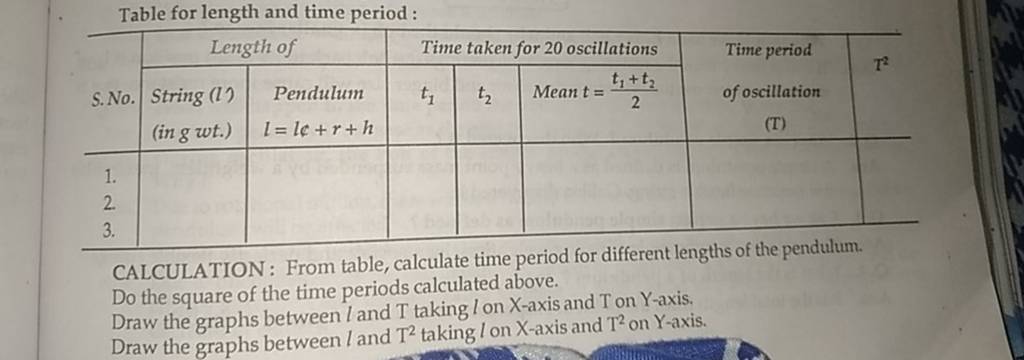 Table for length and time period:CALCULATION : From table, calculate time..