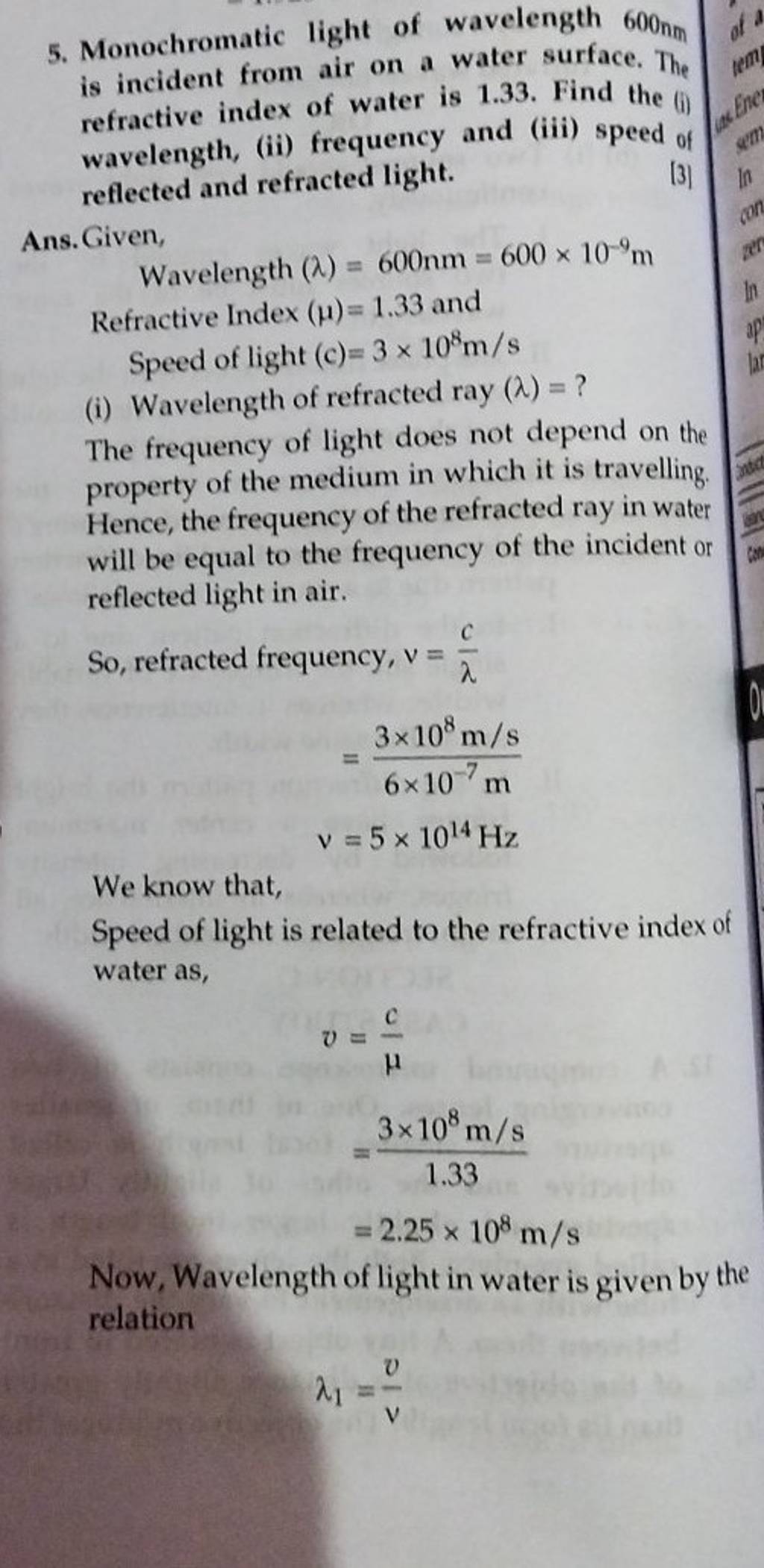 5 Monochromatic Light Of Wavelength 600 Nm Is Incident From Air On A Wat