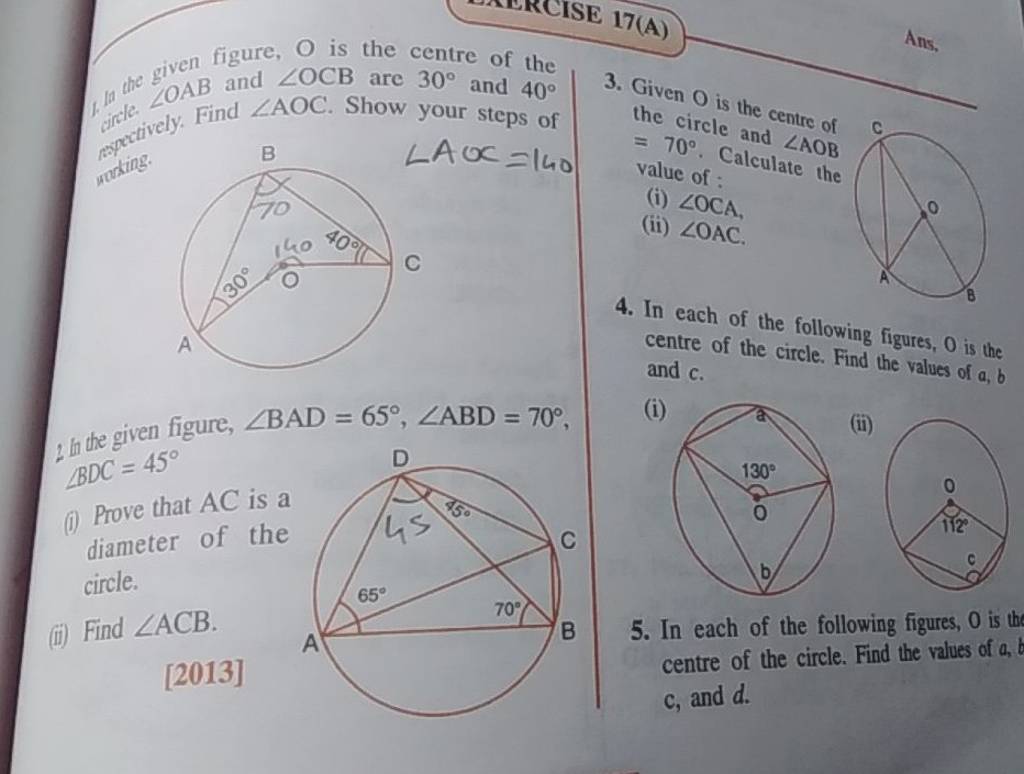 given figure, O is the centre of the Wiste. ∠OAB and ∠OCB are 30∘ and 40∘..