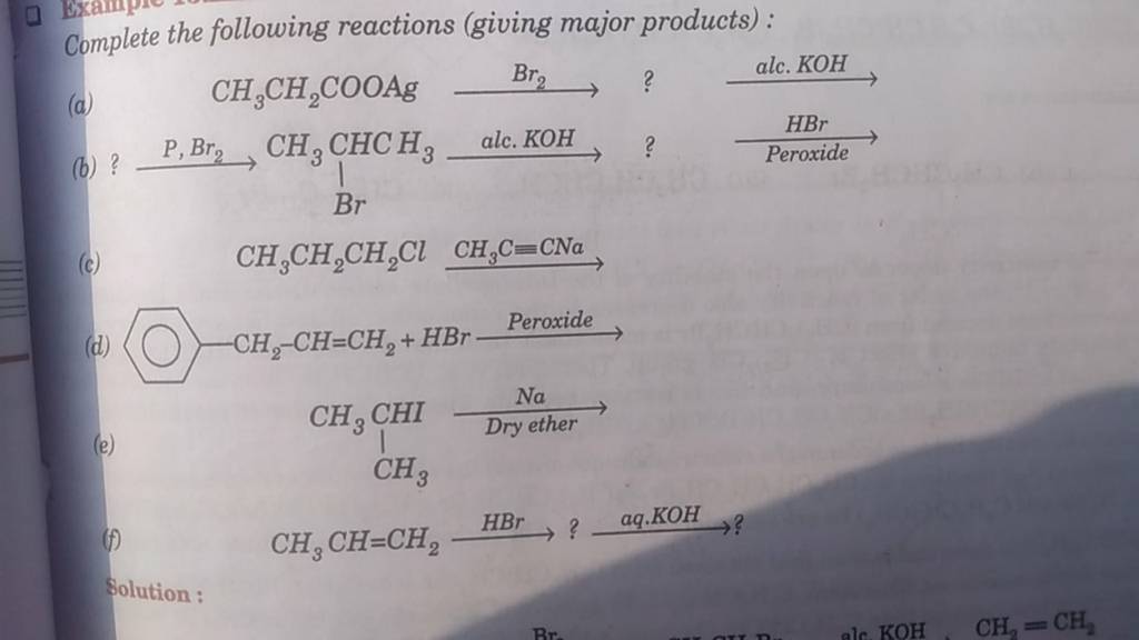 Complete the following reactions (giving major products) : | Filo