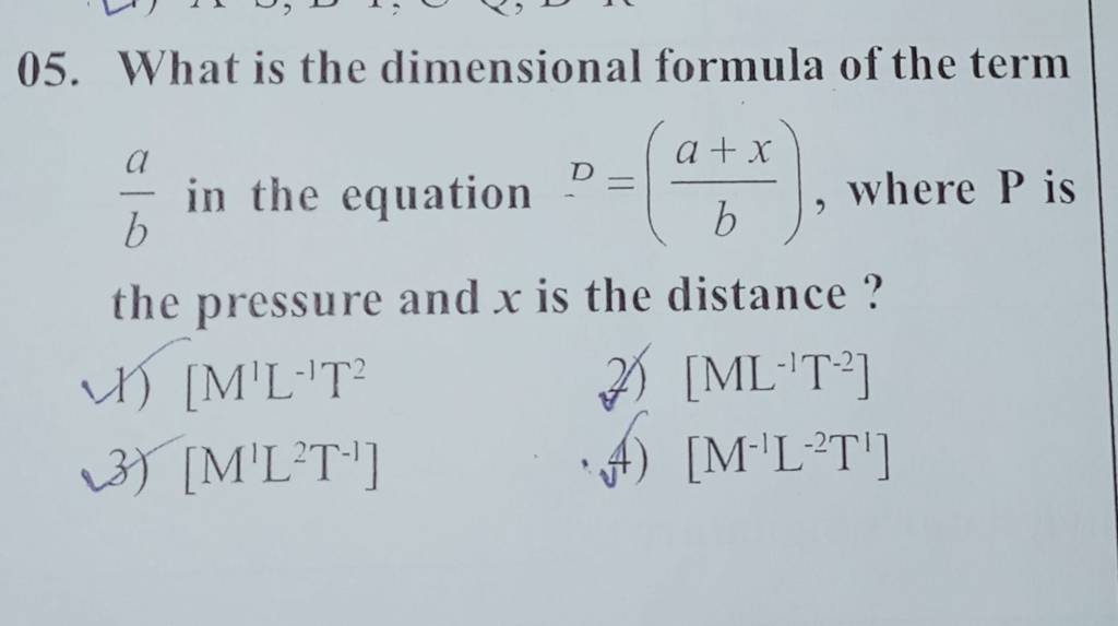 What is the dimensional formula of the term ba in the equation D=(ba+x )..