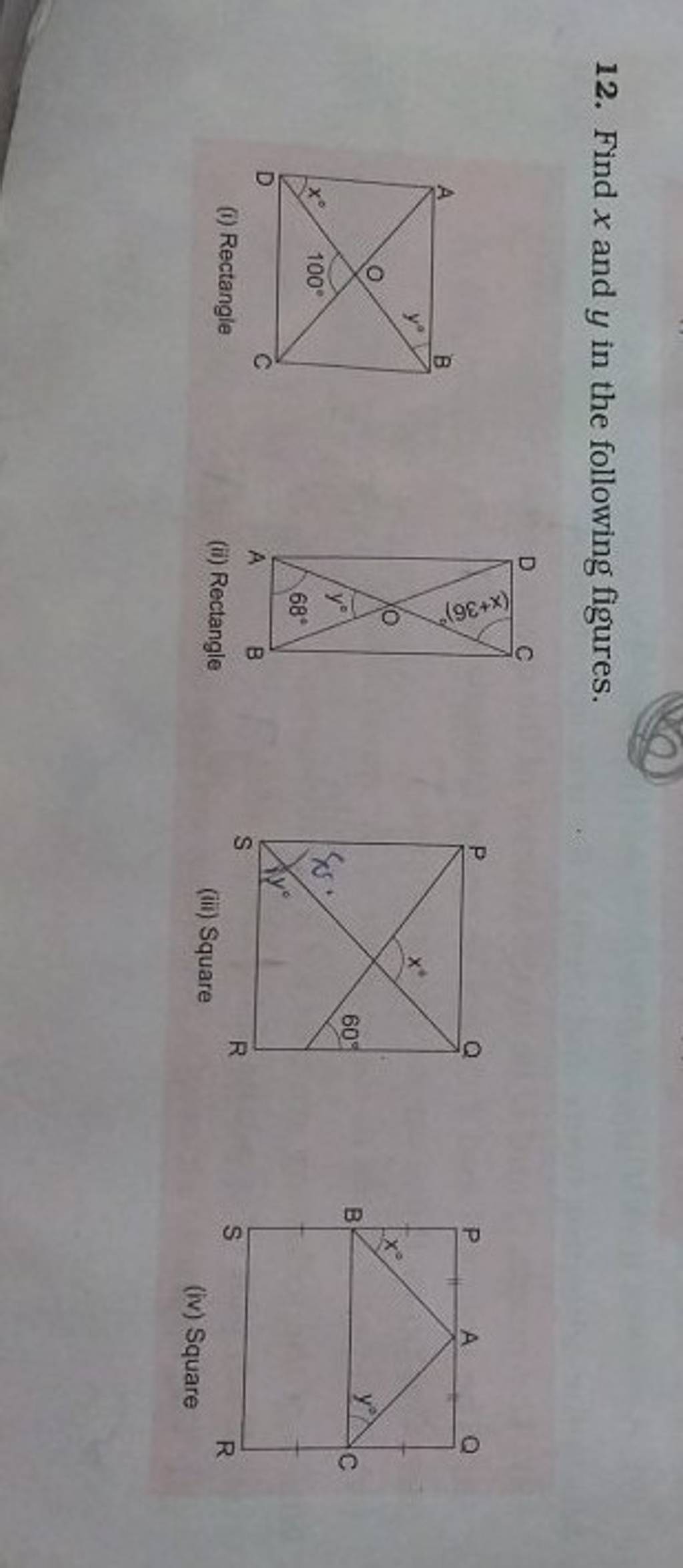 12. Find x and y in the following figures. (i) Rectangle (ii) Rectangle
