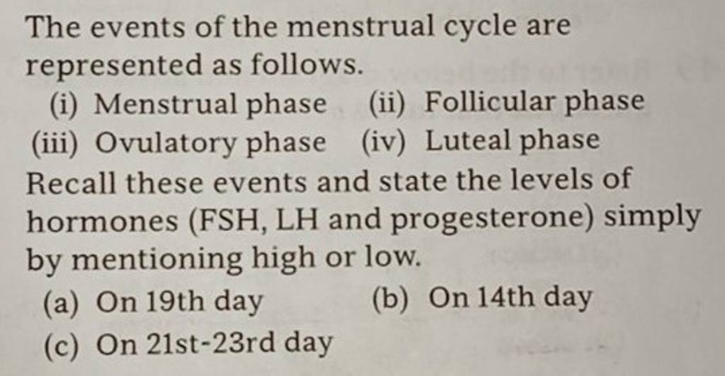 The events of the menstrual cycle are represented as follows. (i) Menstru..