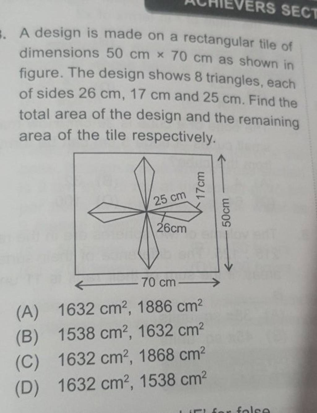 A design is made on a rectangular tile of dimensions 50 cm×70 cm as shown..