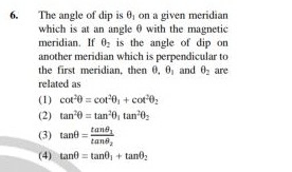 The angle of dip is θ1 on a given meridian which is at an angle θ with t..