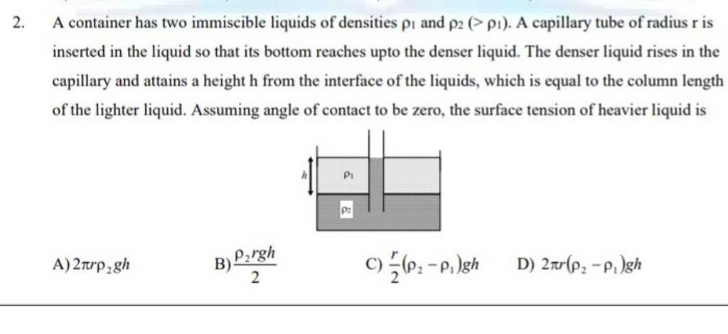 A container has two immiscible liquids of densities ρ1 and ρ2 (>ρ1 ). A