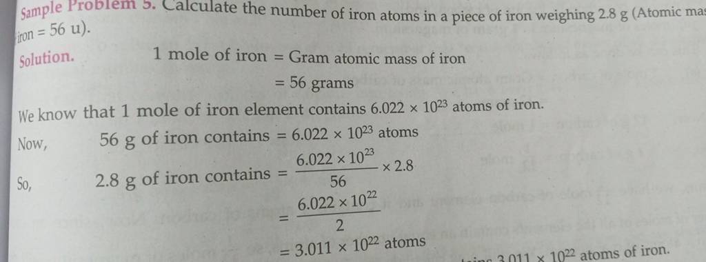 Sample Problem 5. Calculate the number of iron atoms in a piece of iron w..