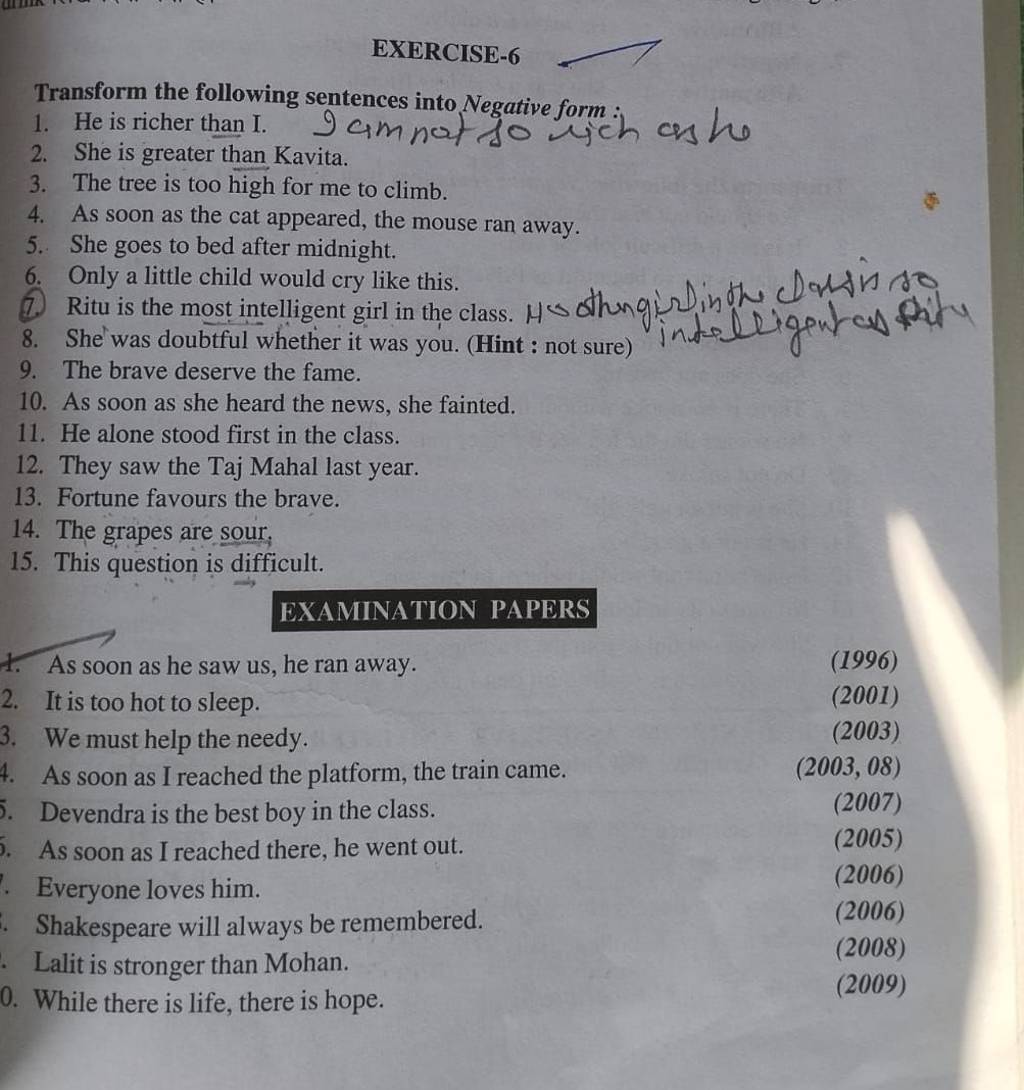 EXERCISE-6 Transform the following sentences into Negative form : | Filo