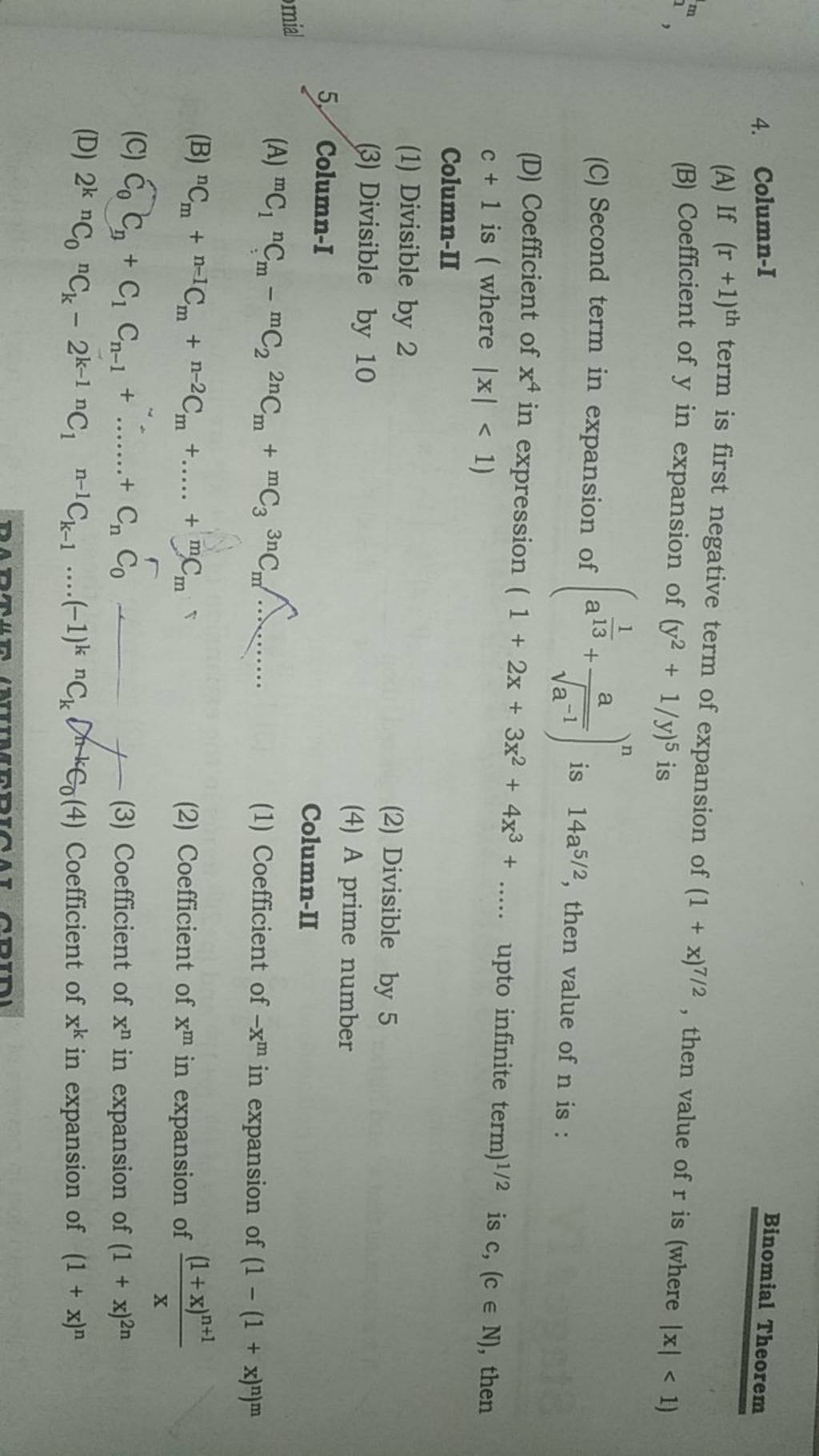 Column I Binomial Theorem A If R1th Term Is First Negative Term Of 6673