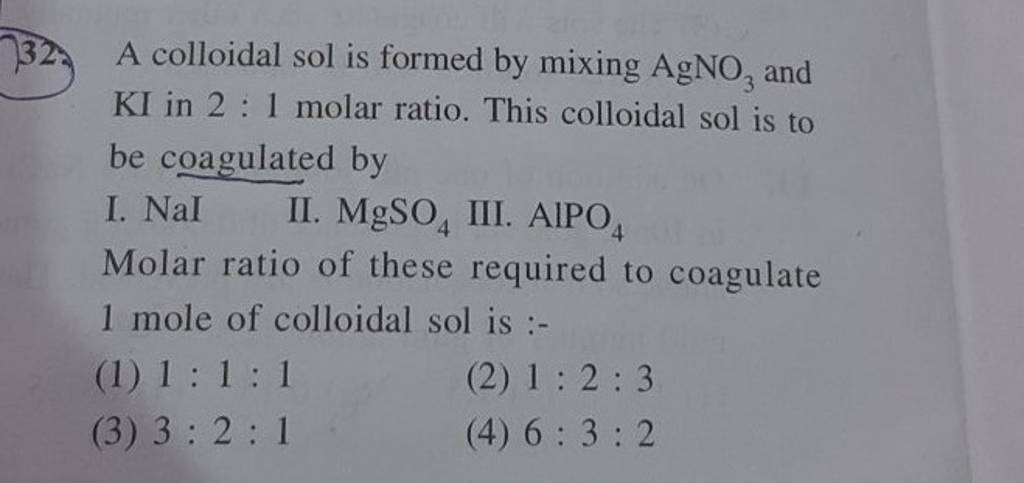 A colloidal sol is formed by mixing AgNO3 and KI in 2:1 molar ratio. Thi..