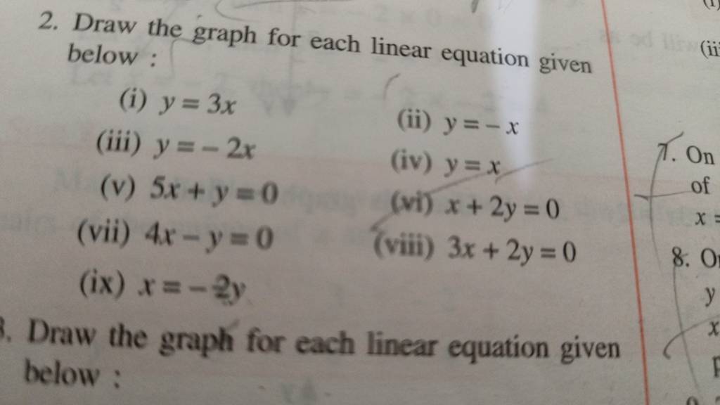 2. Draw the graph for each linear equation given below : (i) y=3x (iii) y..