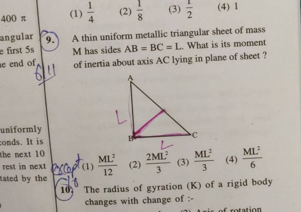 A thin uniform metallic triangular sheet of mass M has sides AB=BC=L. Wha..