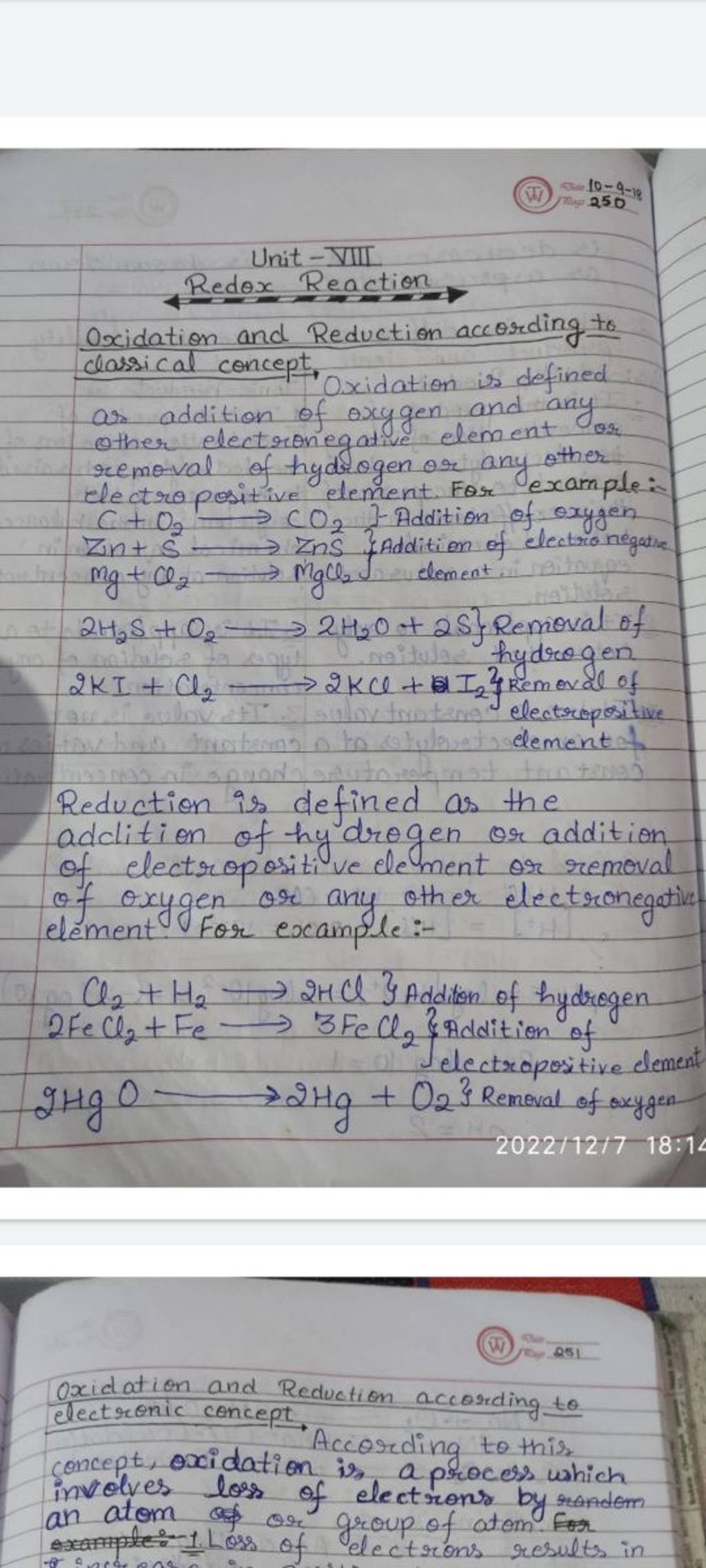 Unit - VIII Redox Reaction Oxidation and Reduction according to classical..