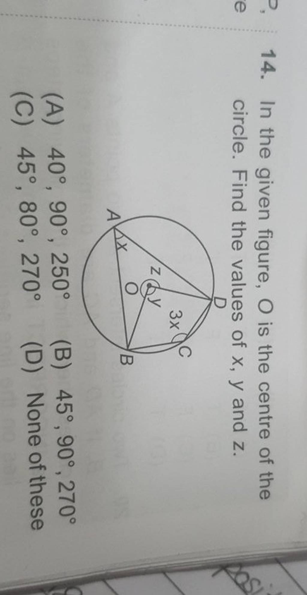 14. In the given figure, O is the centre of the circle. Find the values o..