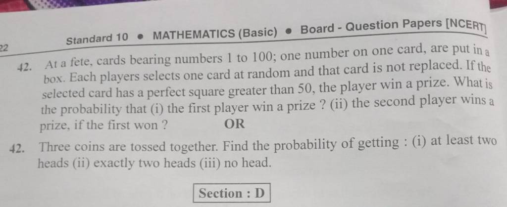 42. At a fete, cards bearing numbers 1 to 100 ; one box. Each players sel..